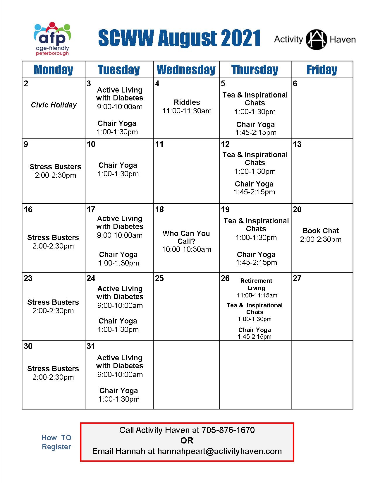 SCWW-Calendar-August – Activity Haven Recreation Centre
