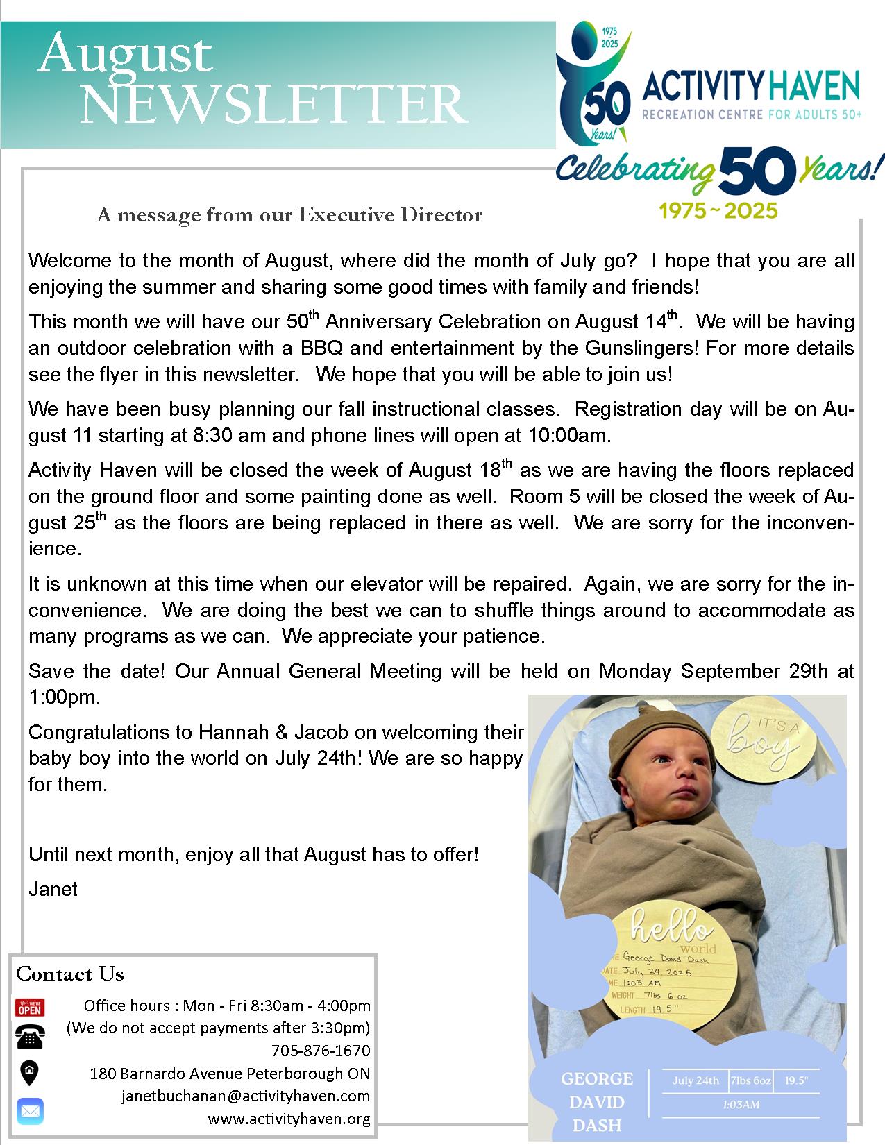 August newletter 2025 pg 1 – Activity Haven Recreation Centre
